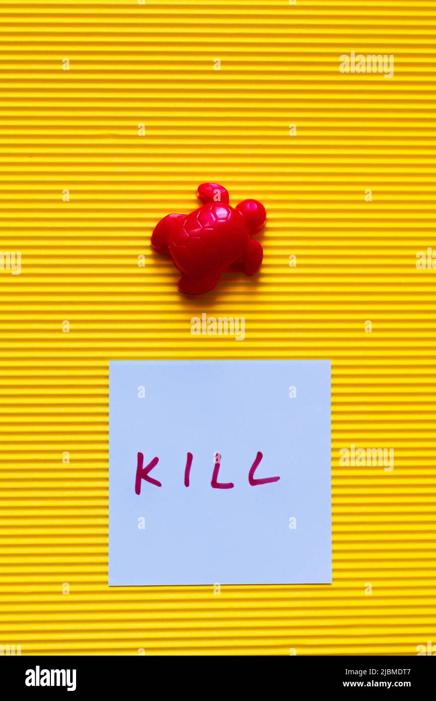 top view of blue card with kill lettering near red turtle toy on yellow ...