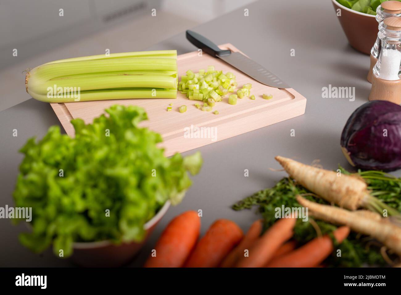 Set of variety vegetable on kitchen counter bar ready for cooking ...