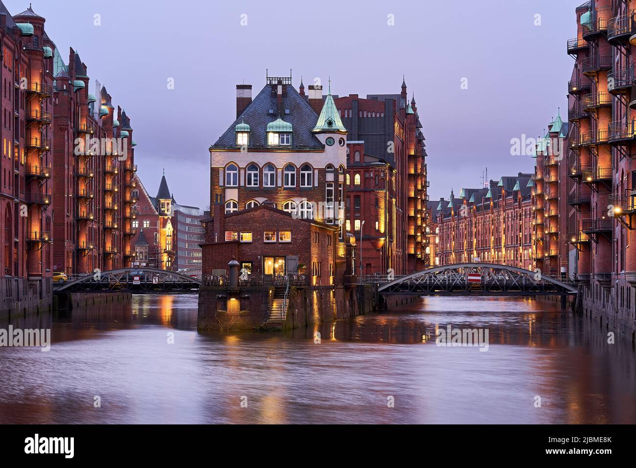 Illuminated harbor buildings in Hamburg, Germany Stock Photo - Alamy
