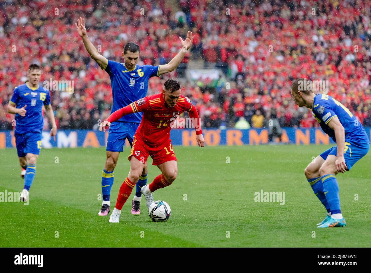 CARDIFF, WALES - 05 JUNE 2022: Wales' Connor Roberts and Ukraines's ...
