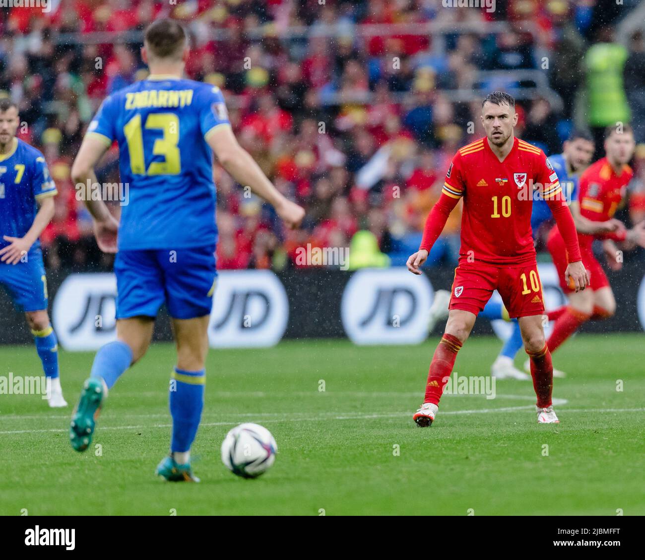 CARDIFF, WALES - 05 JUNE 2022: Wales' Aaron Ramsey and Ukraines's ...