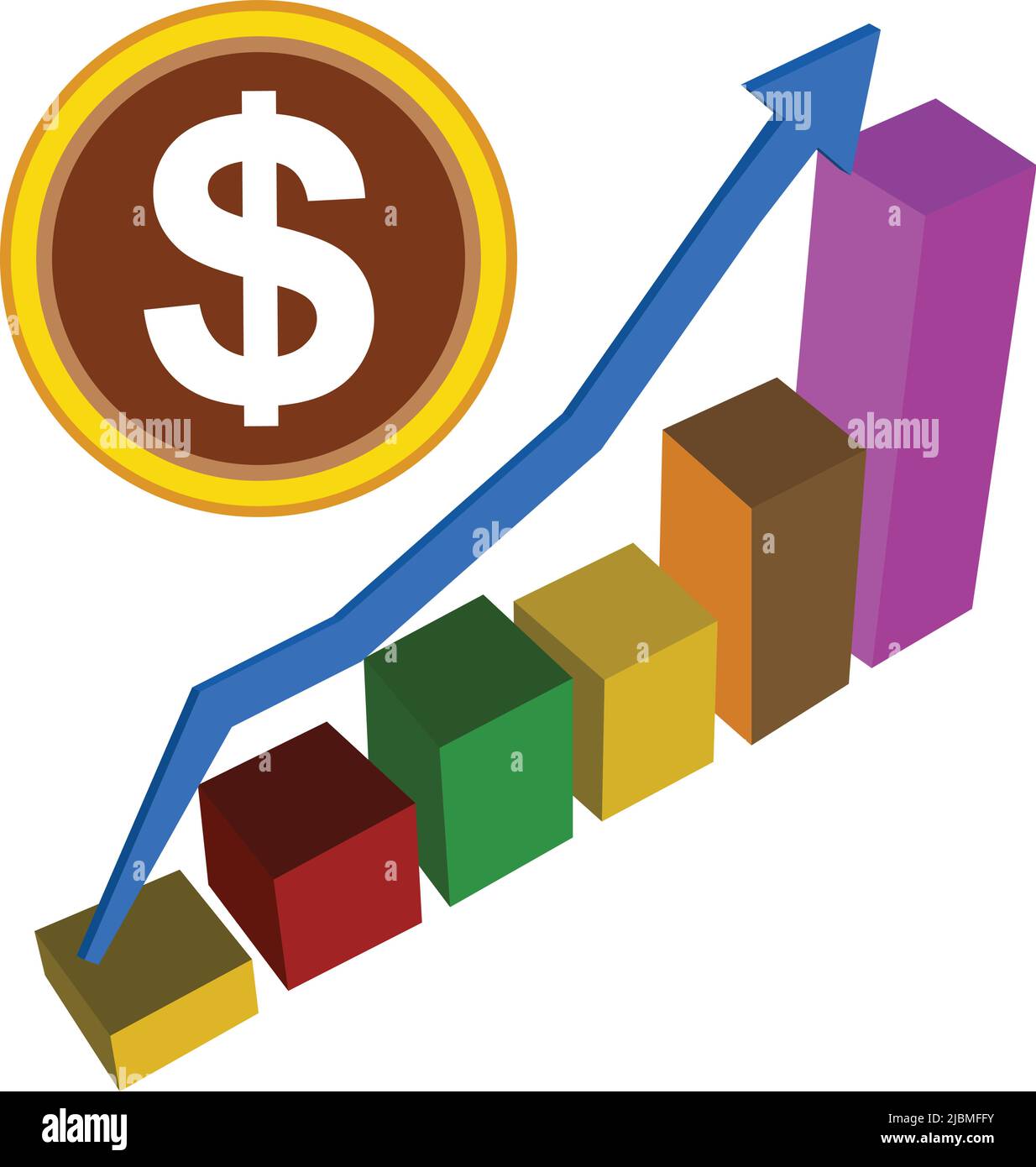 2D graph and dollar coin and growing arrow vector. on white background ...