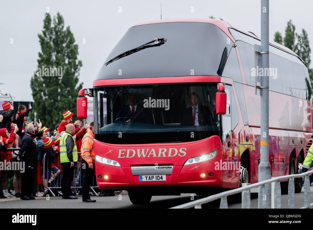 CARDIFF, WALES - 05 JUNE 2022: Wales team arrive prior to the 2022 FIFA ...