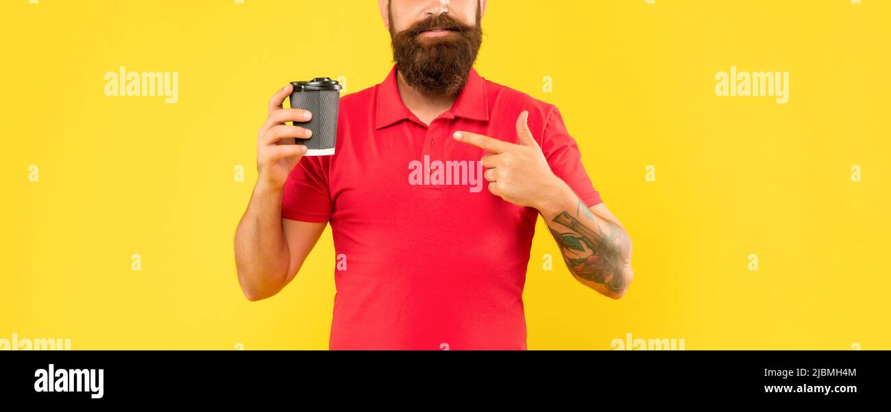 barista man crop view pointing finger at disposable cup paper-cup ...