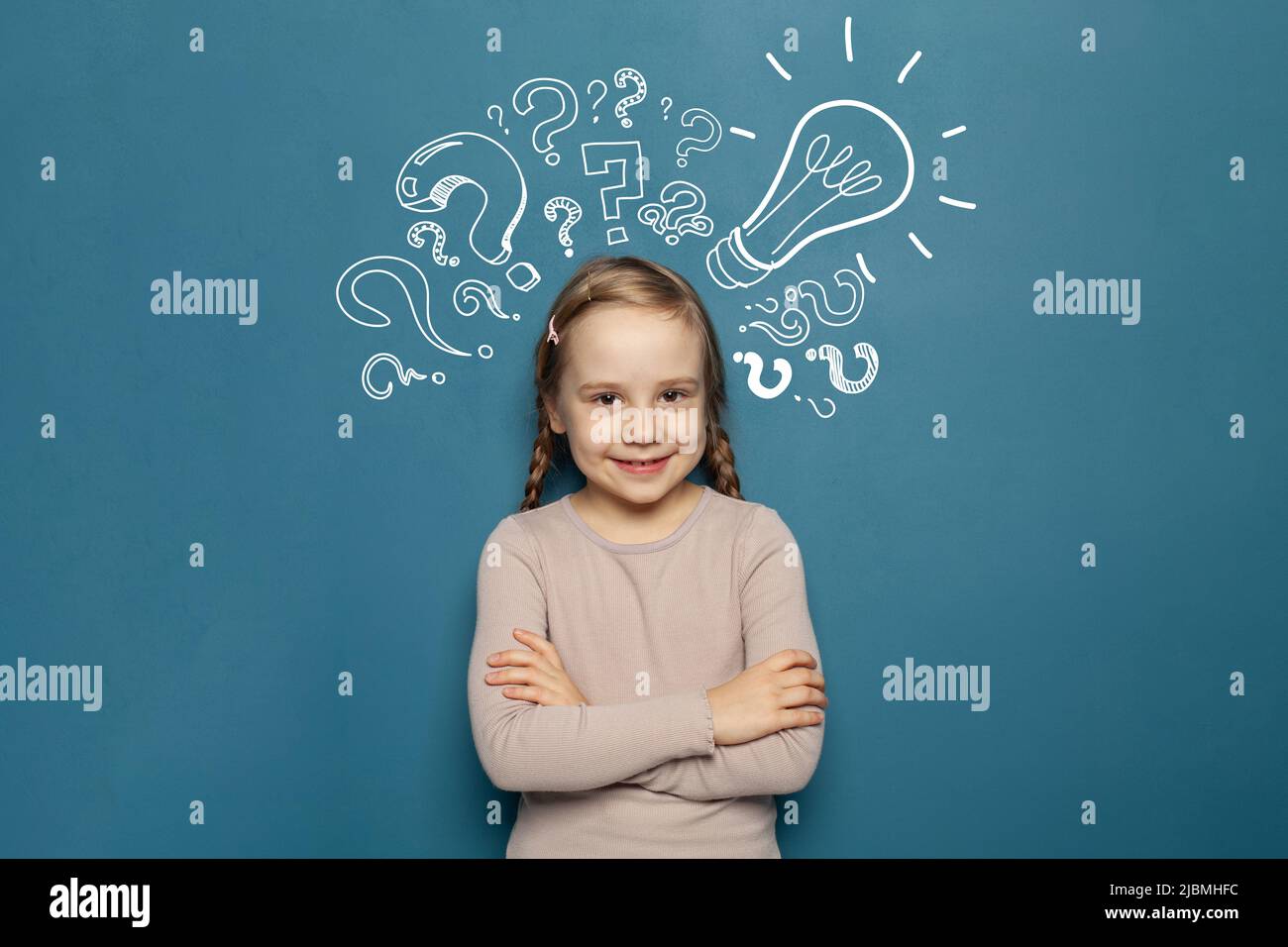 Portrait of young girl get idea. Kid student kid in soft pink shirt ...