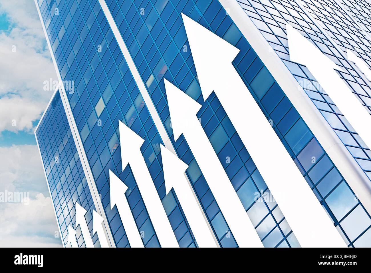 Blue modern business background with success rising arrows and sky ...