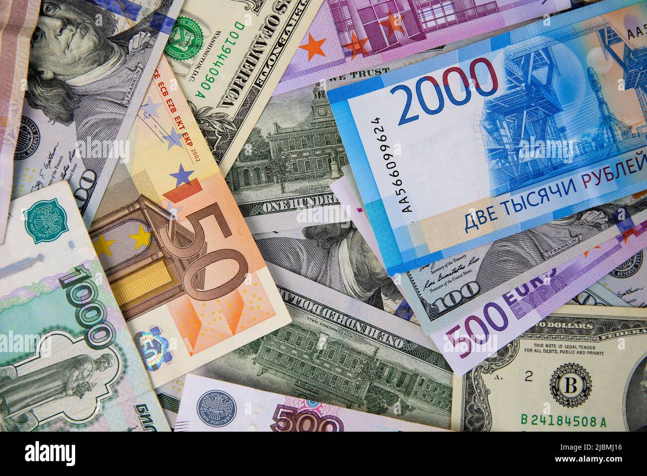Money from different countries: dollars, euros, rubles. Top view Stock ...