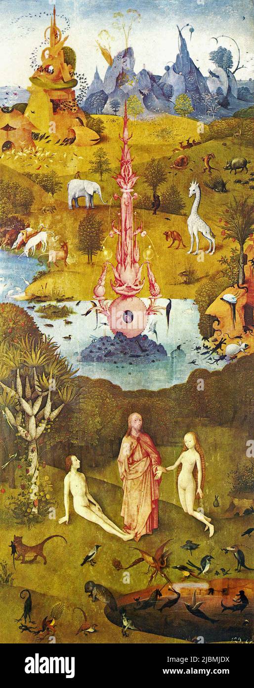 "The Garden of Eden" Left wing of the triptych. "The Garden of Earthly Delights". Painting by ...