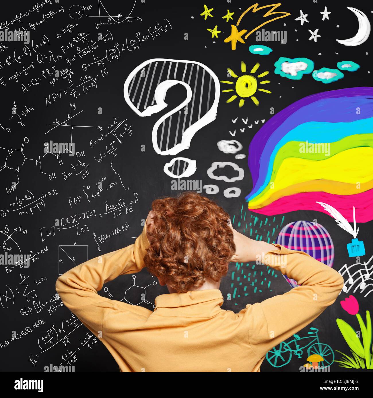 Kid against chalkboard background with question mark, science and art ...