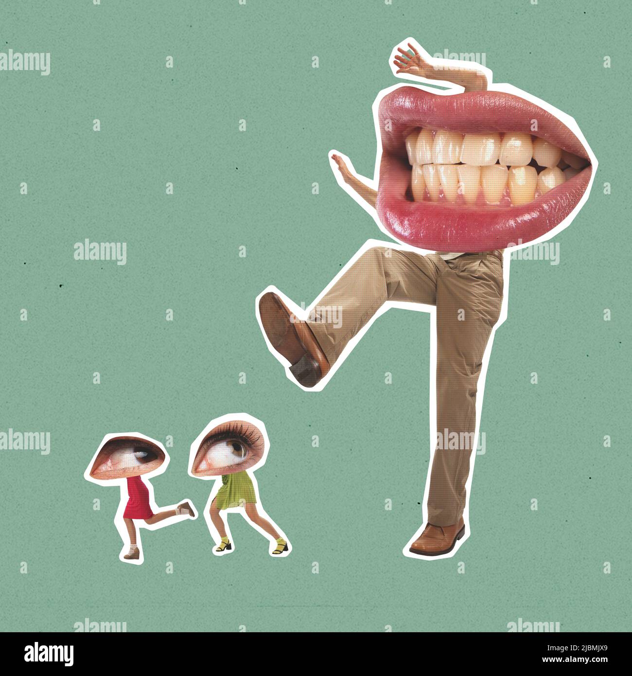 Contemporary art collage. Big man with giant mouth head stepping on ...