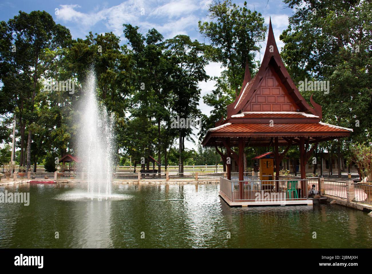 Landscape and antique style pavilion and fountain in water pond pool ...