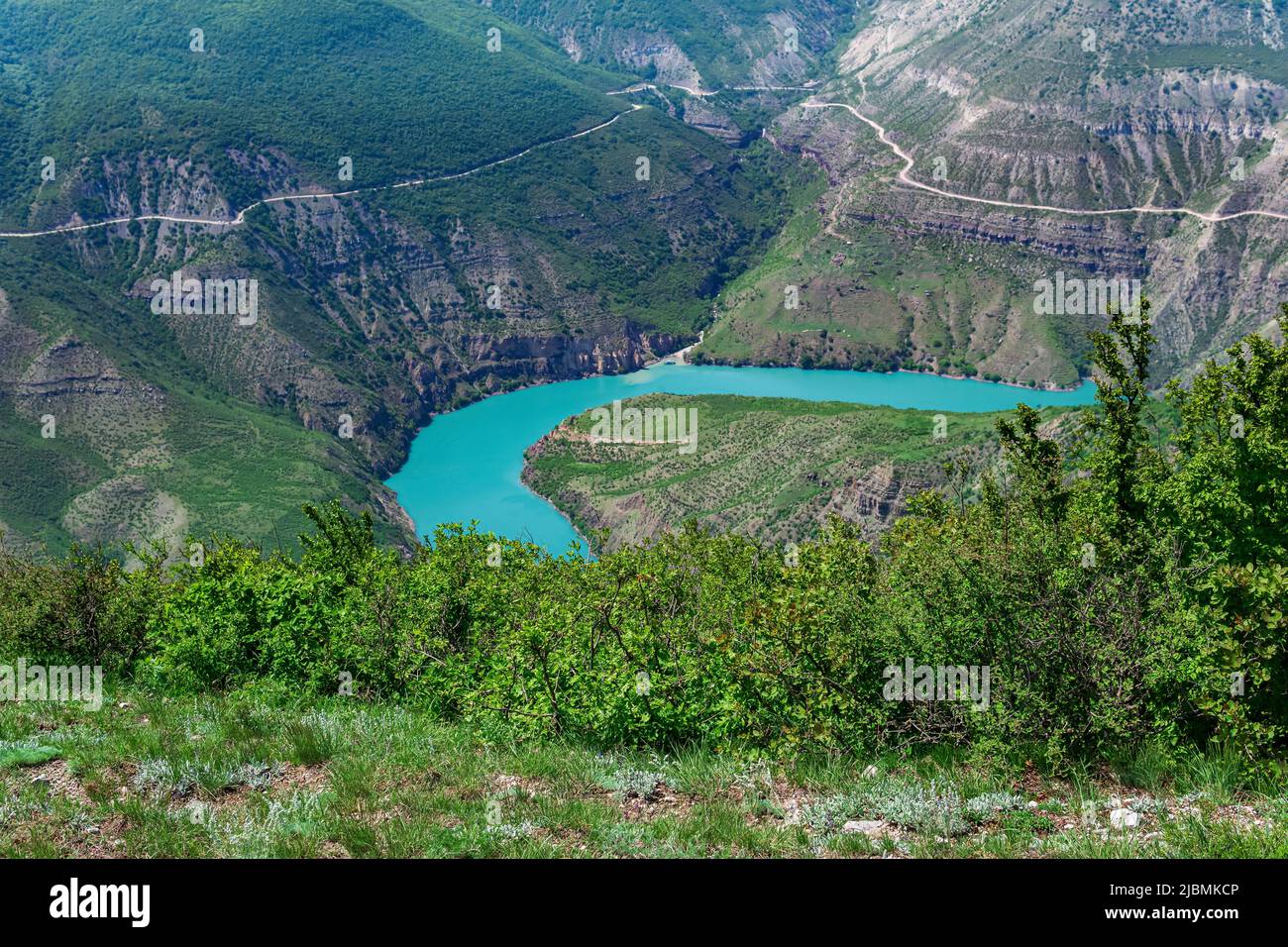 mountain landscape, view of the deep canyon with blue water, valley of ...