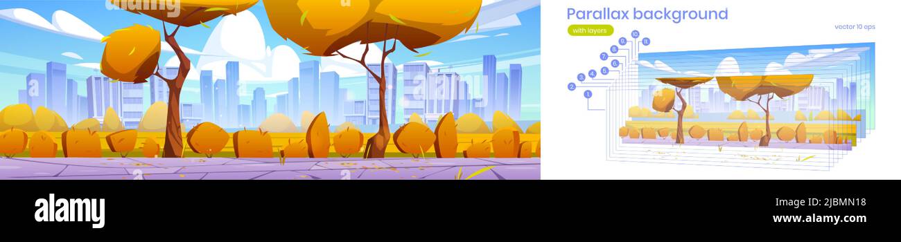 Parallax background autumn city skyline, urban 2d cityscape with ...