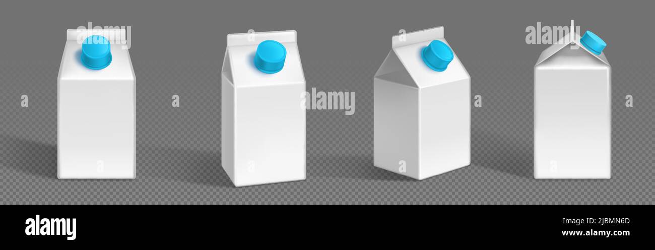 White milk box, square carton pack in front, side and angle view ...