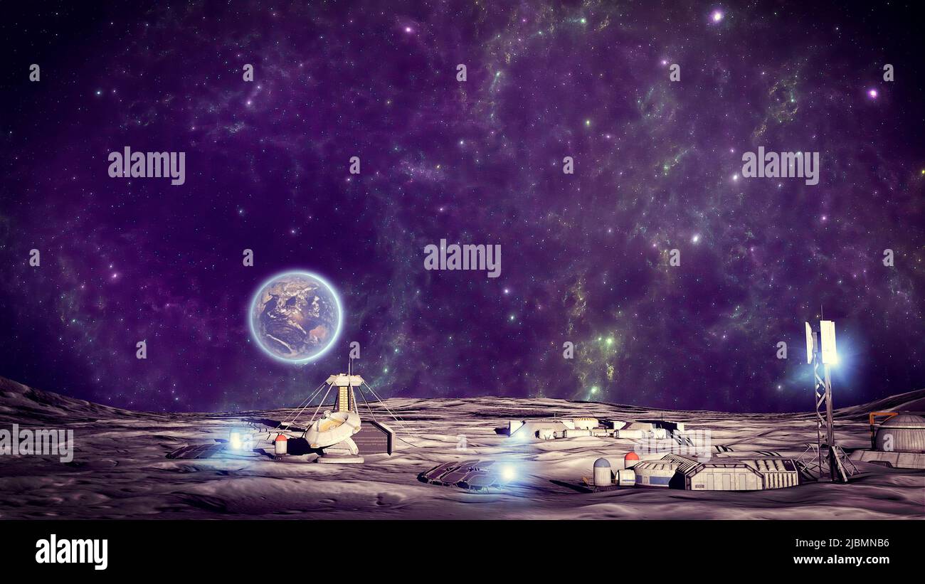 Lunar base, spatial outpost. First settlement on the moon. Space ...