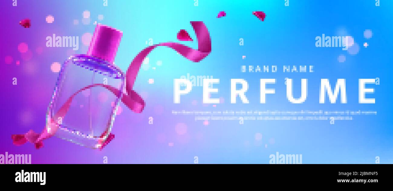 Perfume promo banner with glass bottles for fragrance, pink ribbon and ...
