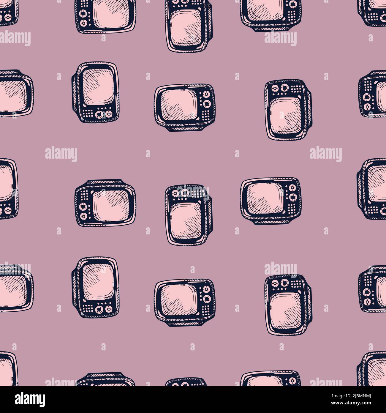 Retro TV engraved seamless pattern. Vintage television background in ...