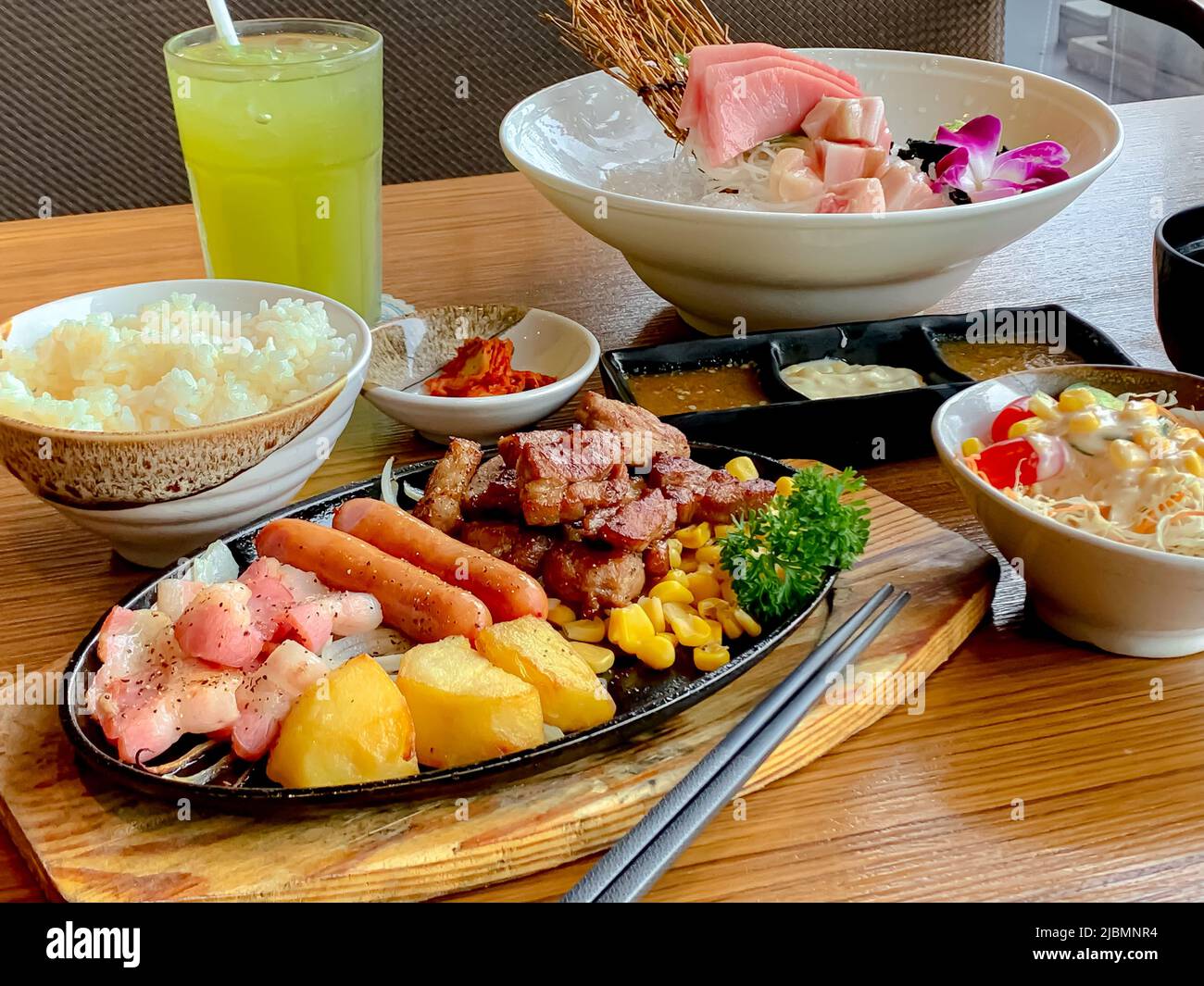 Various menus, sushi, sashimi, nigiri, pan fried pork and miso soup ...