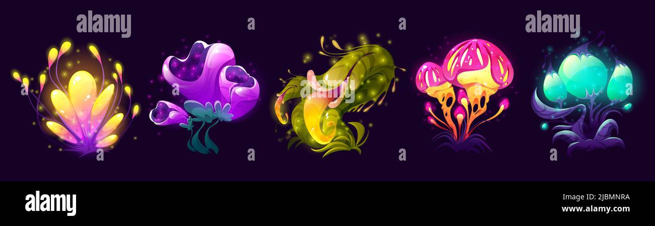 Fantasy mushrooms, flowers and trees, alien planet or magic game plants ...