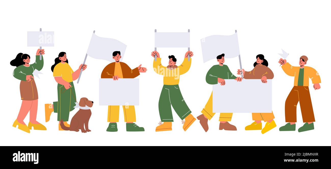 People holding blank flags and banners on protest demonstration, strike ...