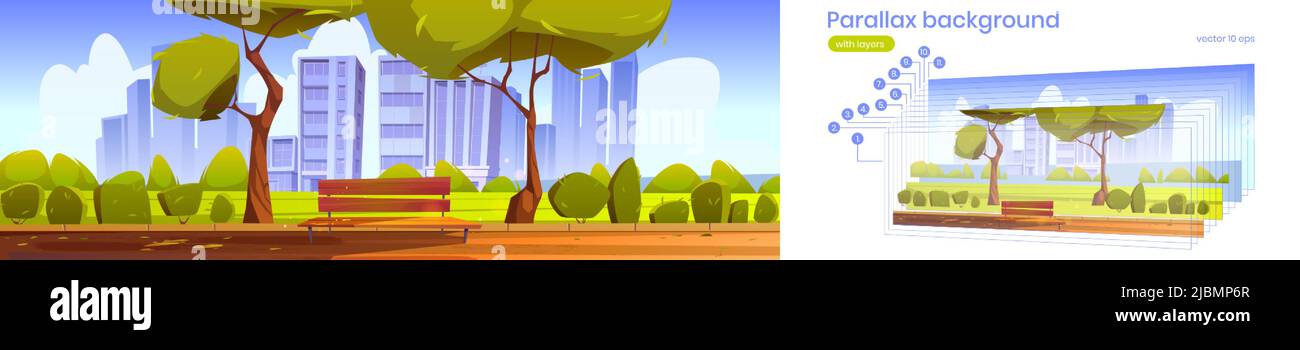 Parallax background city park with bench at sunny day. Summer scenery ...