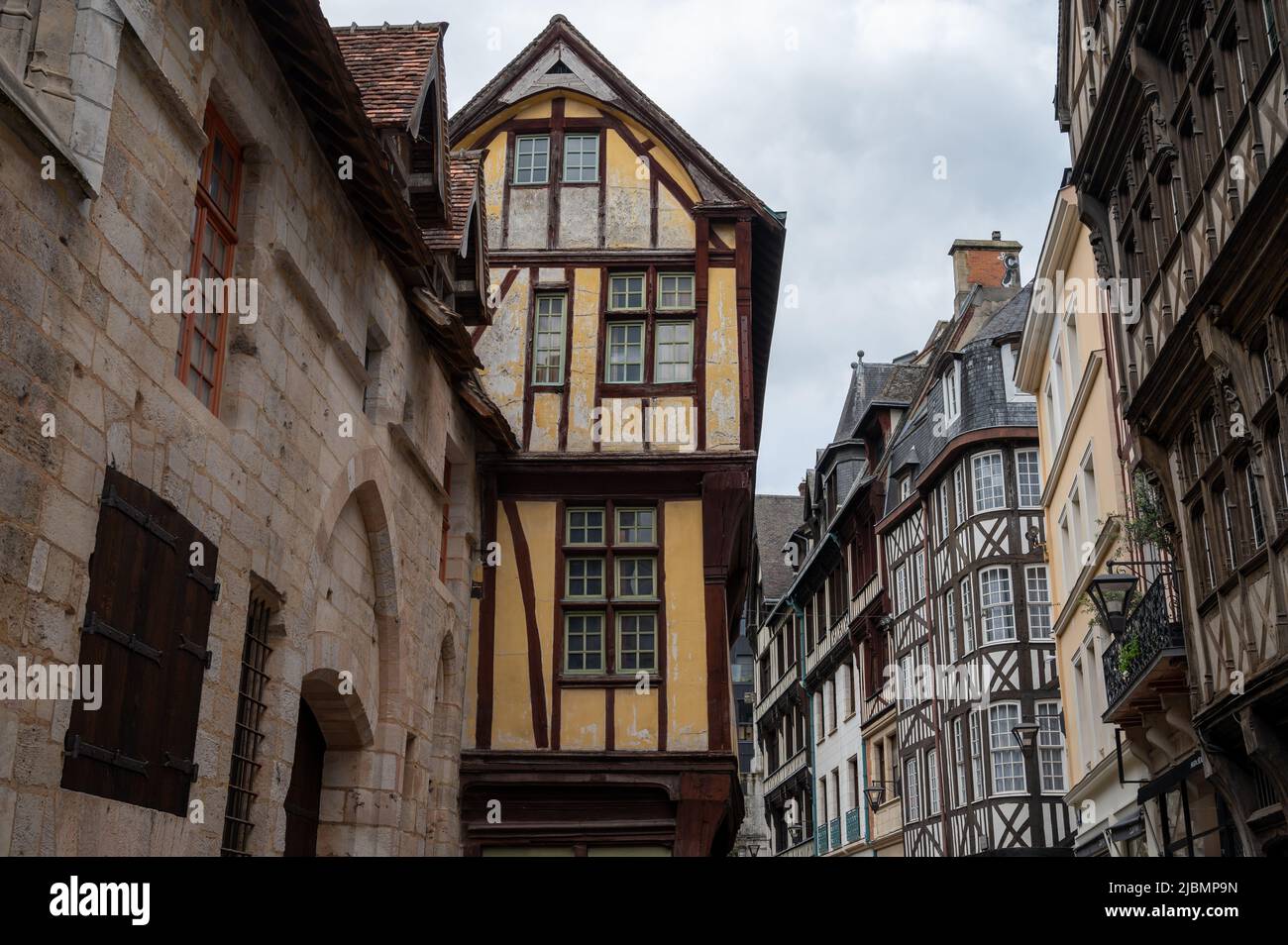 Walking in old centrum part of Rouen city, streetview, tourists ...