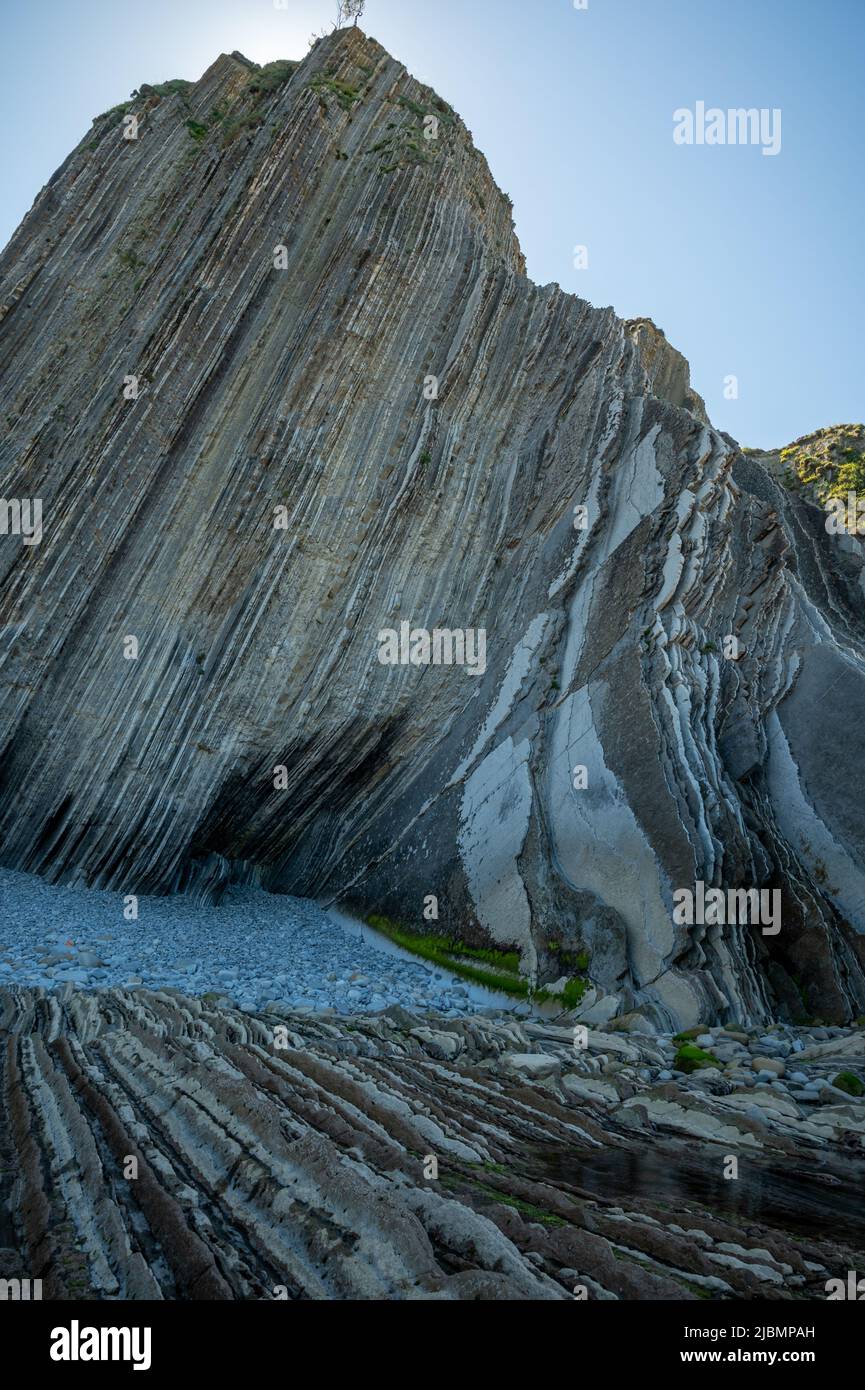 View on steeply-tilted layers of flysch geological formation on ...