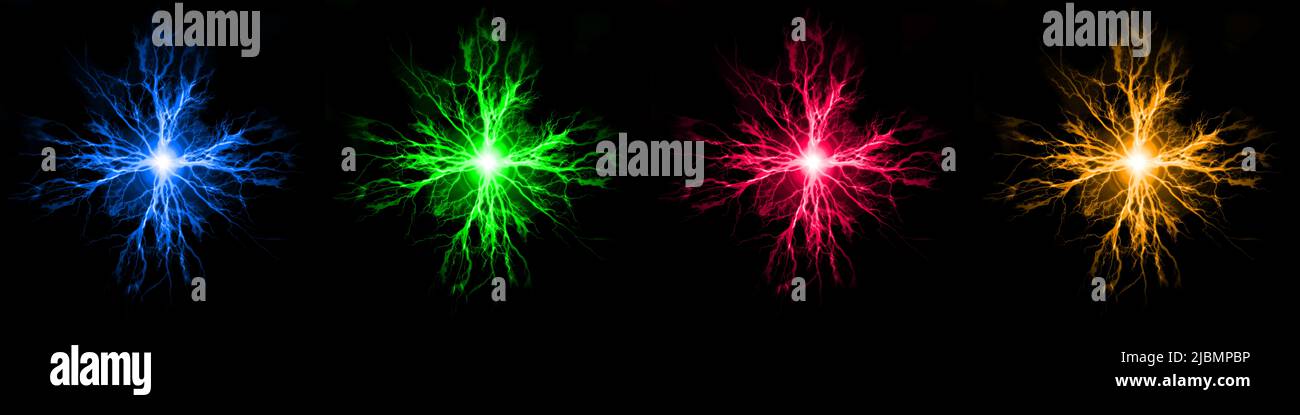 Explosion of pure power and electricity in the dark blue green red and ...