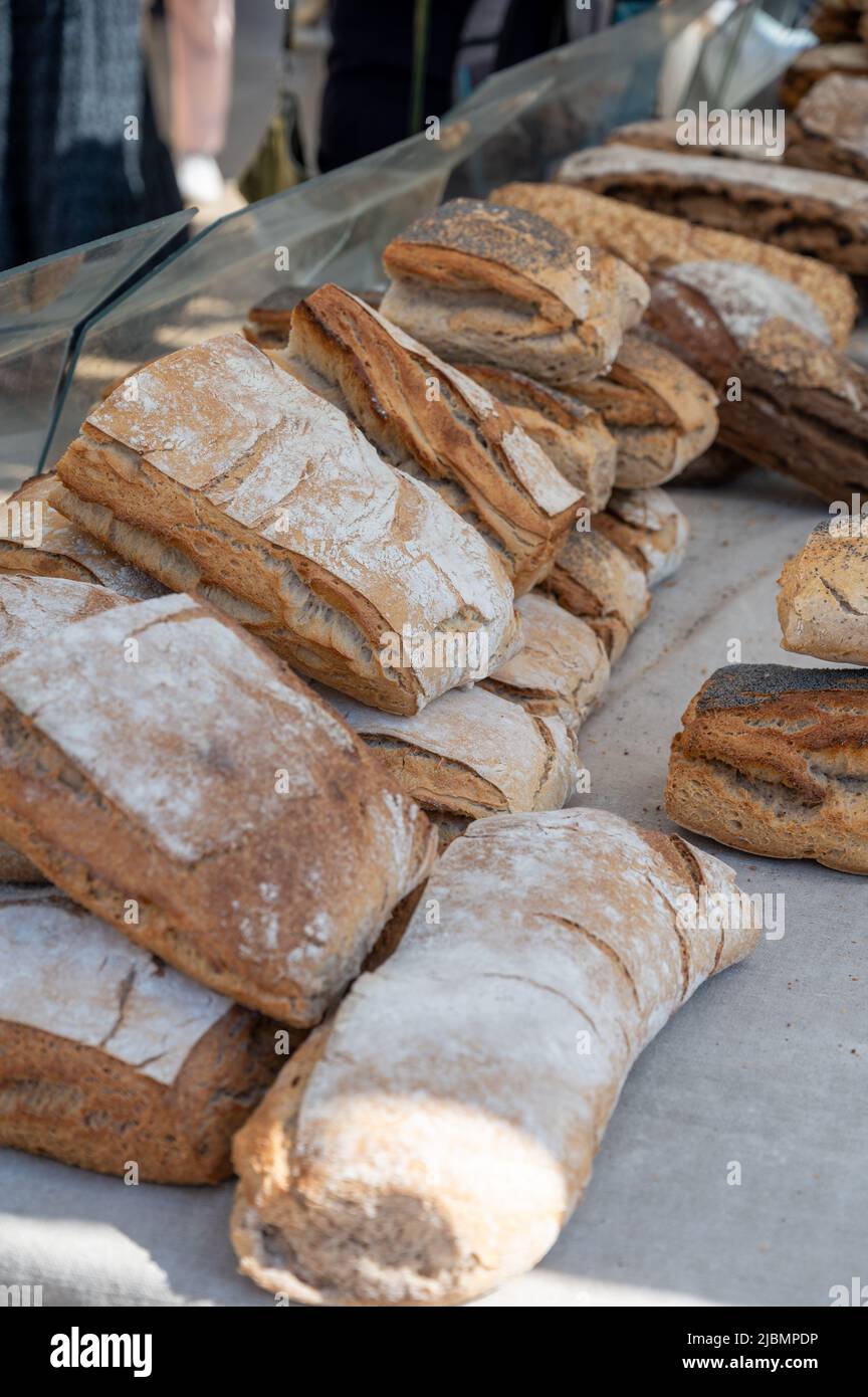 Sour dough bio bread made with natural yeast starter and baked in wood ...