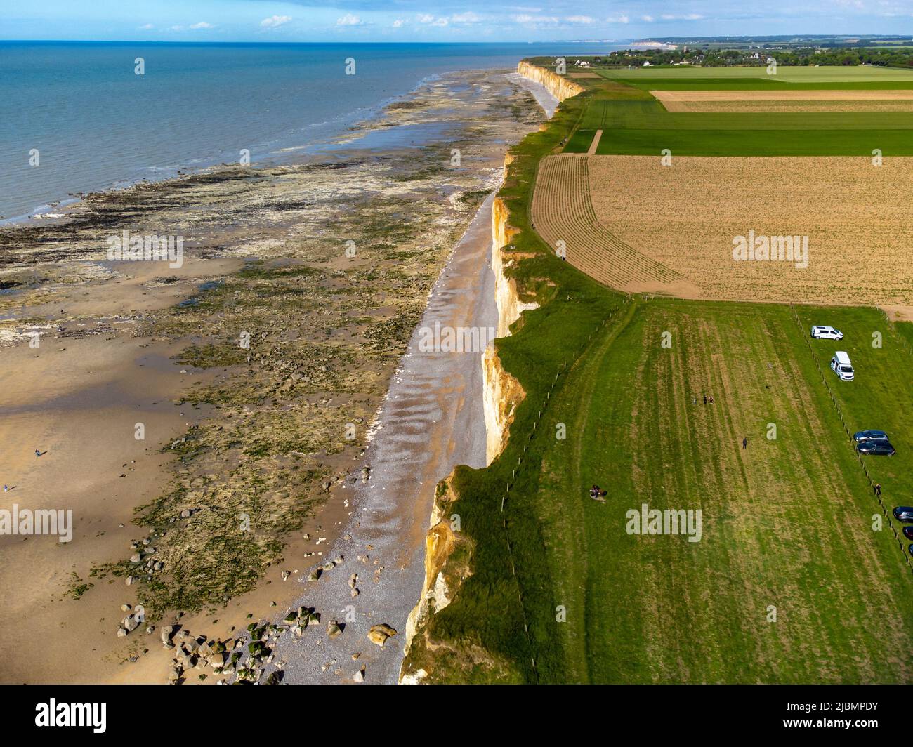 Aerial view on white halk cliffs, green fields of Pays de Caux and ...