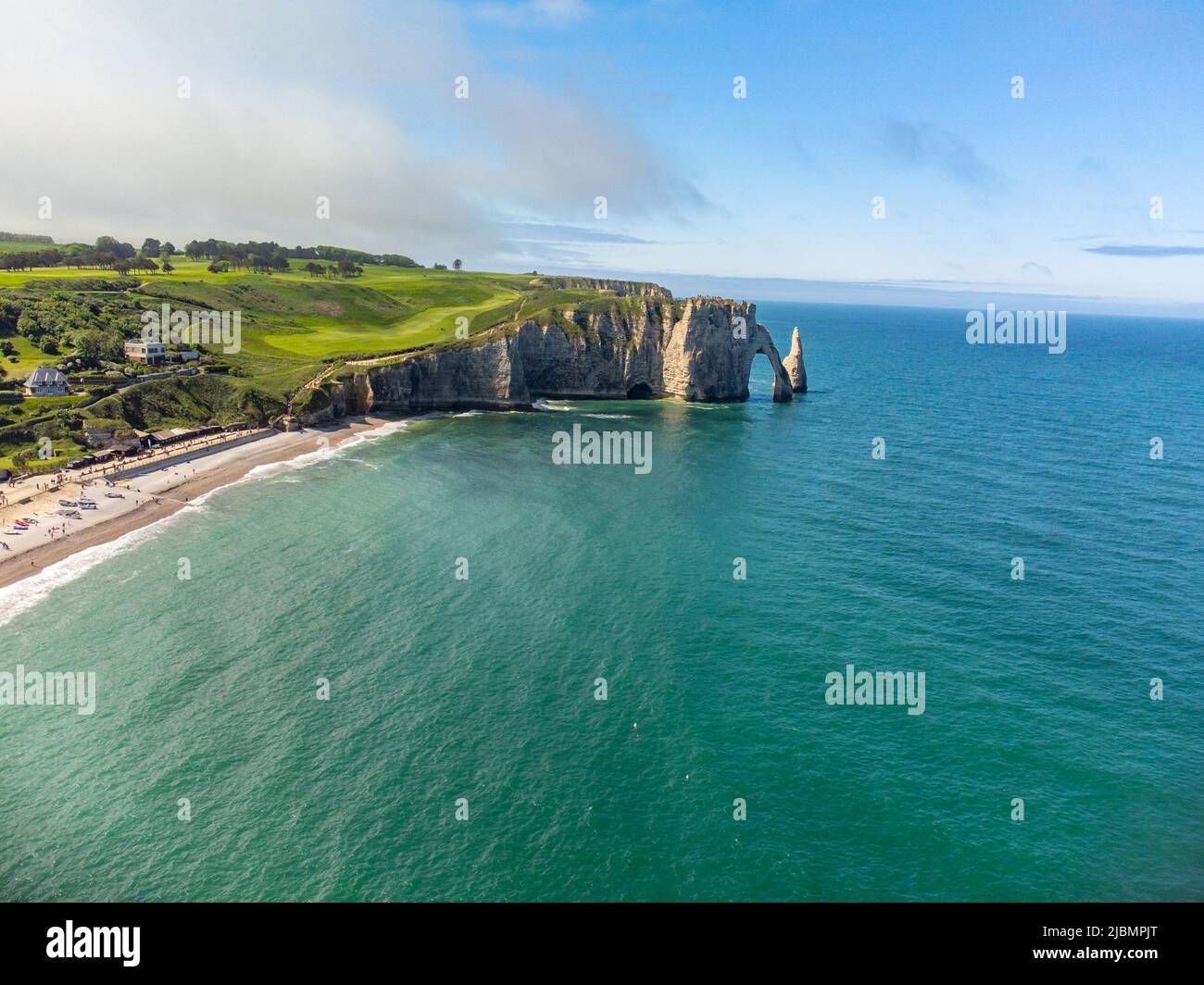 Aerial panoramic view on chalk cliffs, Atlantic ocean and Porte d'Aval ...