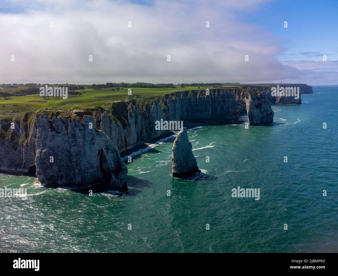 Aerial panoramic view on chalk cliffs, Atlantic ocean and Porte d'Aval ...