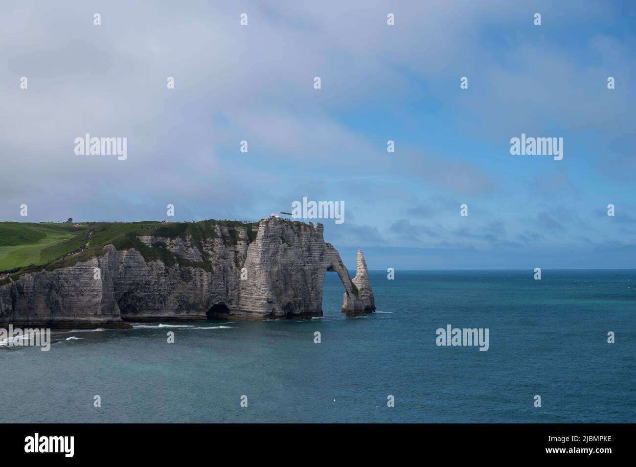 Panoramic view on chalk cliffs, Atlantic ocean and Porte d'Aval arch in ...