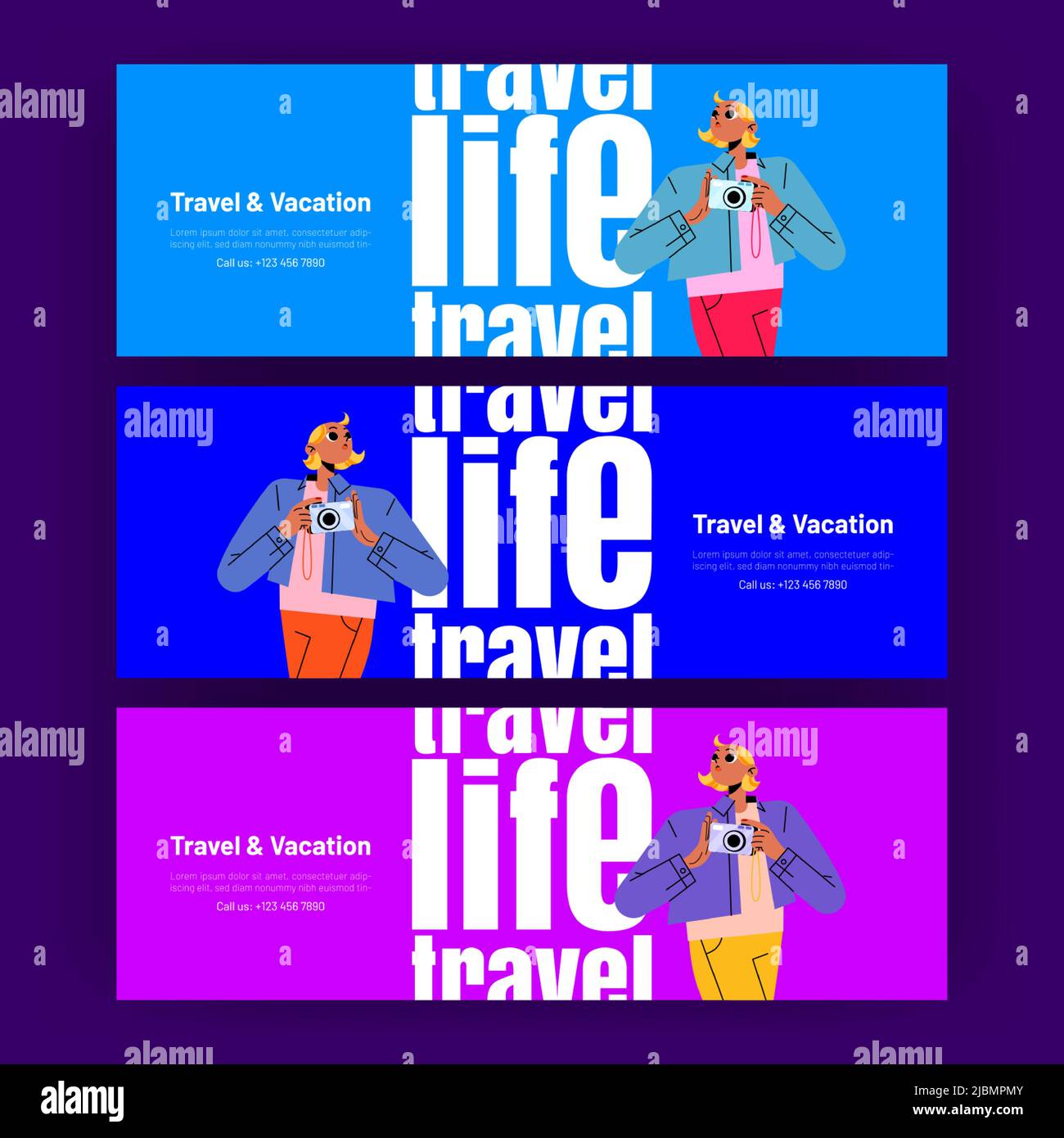 Travel and vacation posters with girl tourist with photo camera. Vector ...