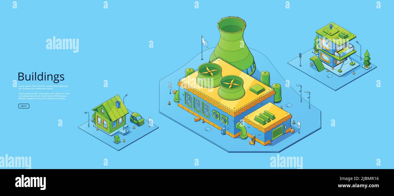 Isometric buildings, power station, house and store. Vector poster of ...