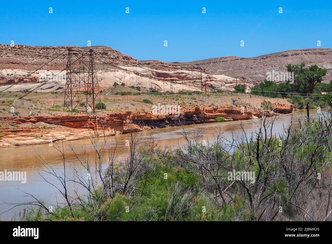 Remains of Dewey Suspension Bridge near US road 128 in Utah desert ...