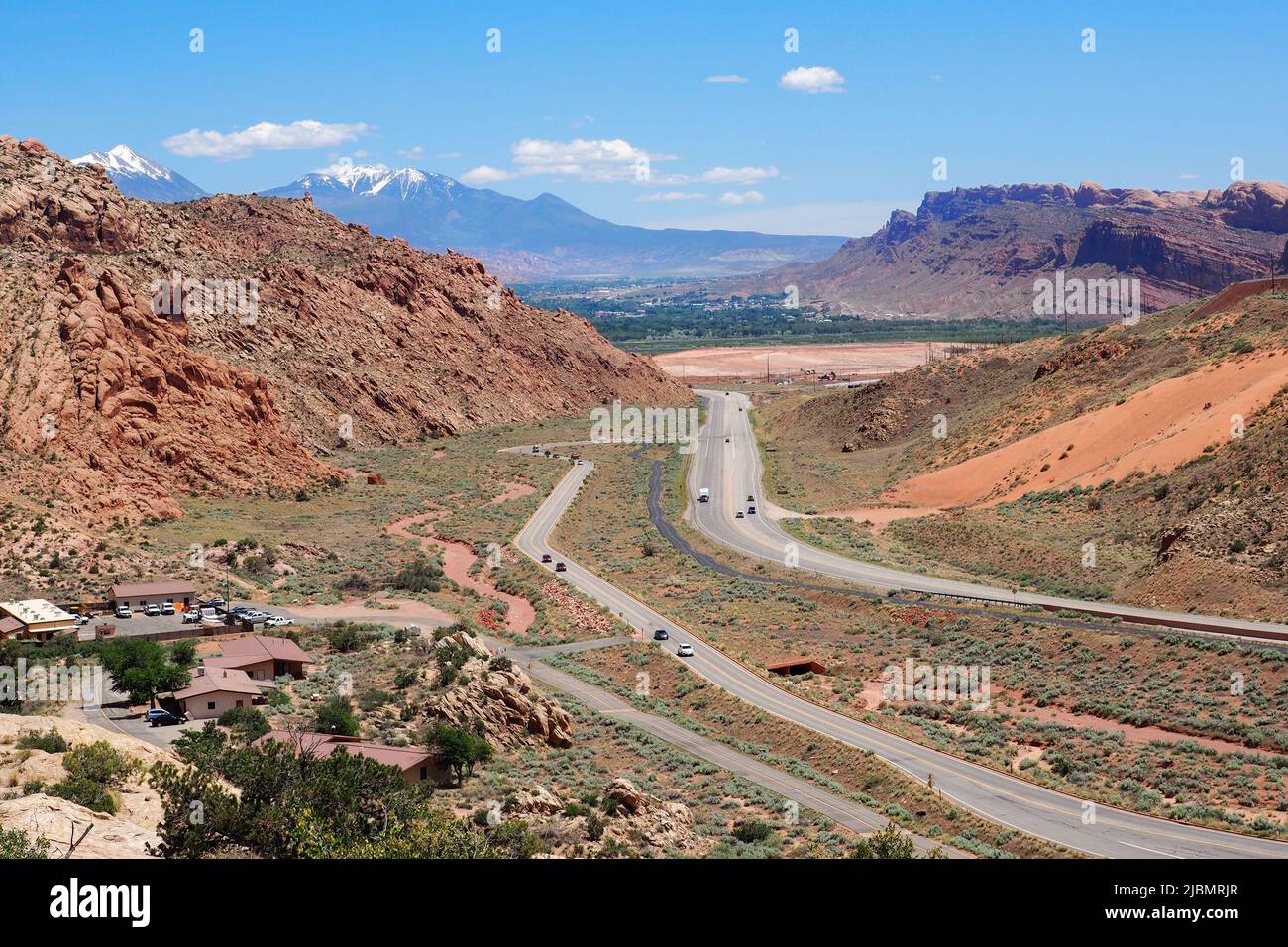 US highway 191 and La Sal Mountains range in the distance viewed from ...