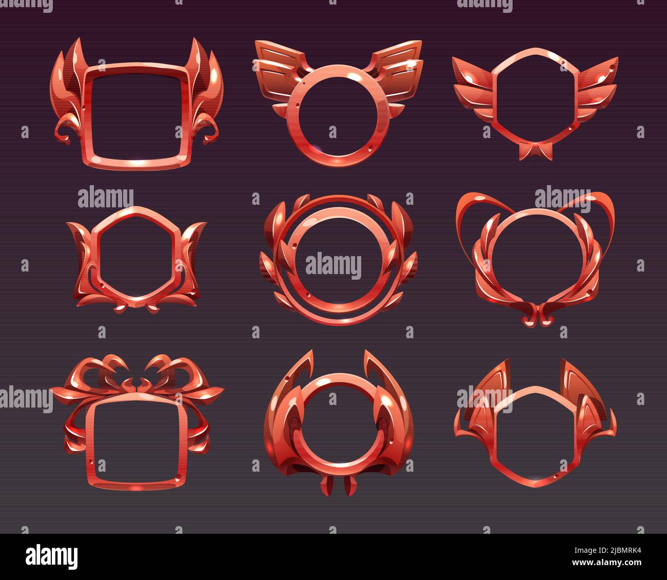 Ui game frames, level borders, red textured round, square and hexagon ...