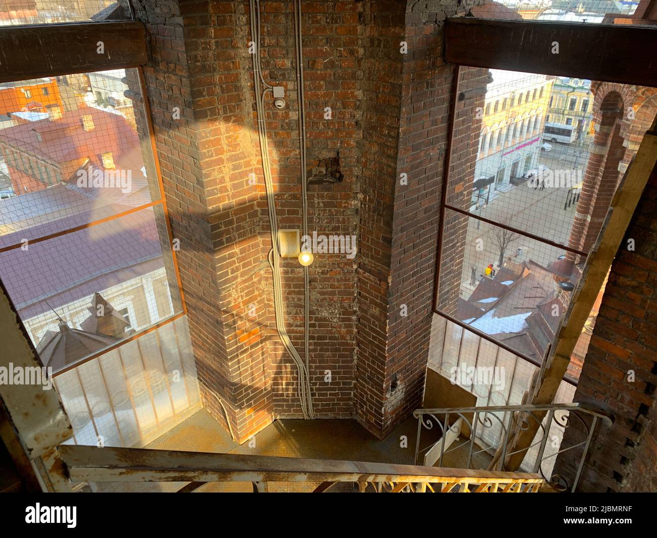 Inside old red bricked tower. View inside church Stock Photo - Alamy