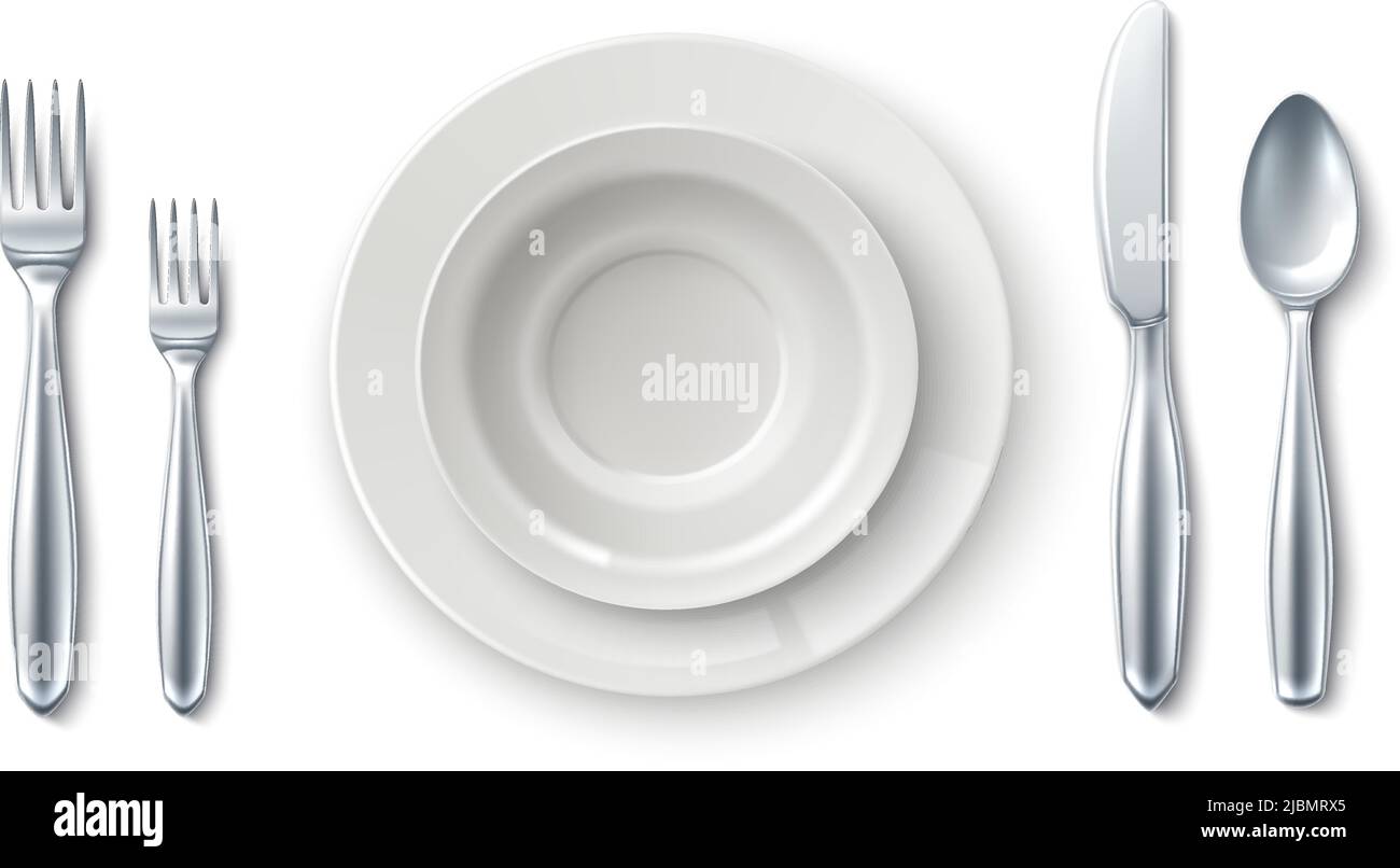 Realistic table setting. White plate with serving cutlery Stock Vector ...