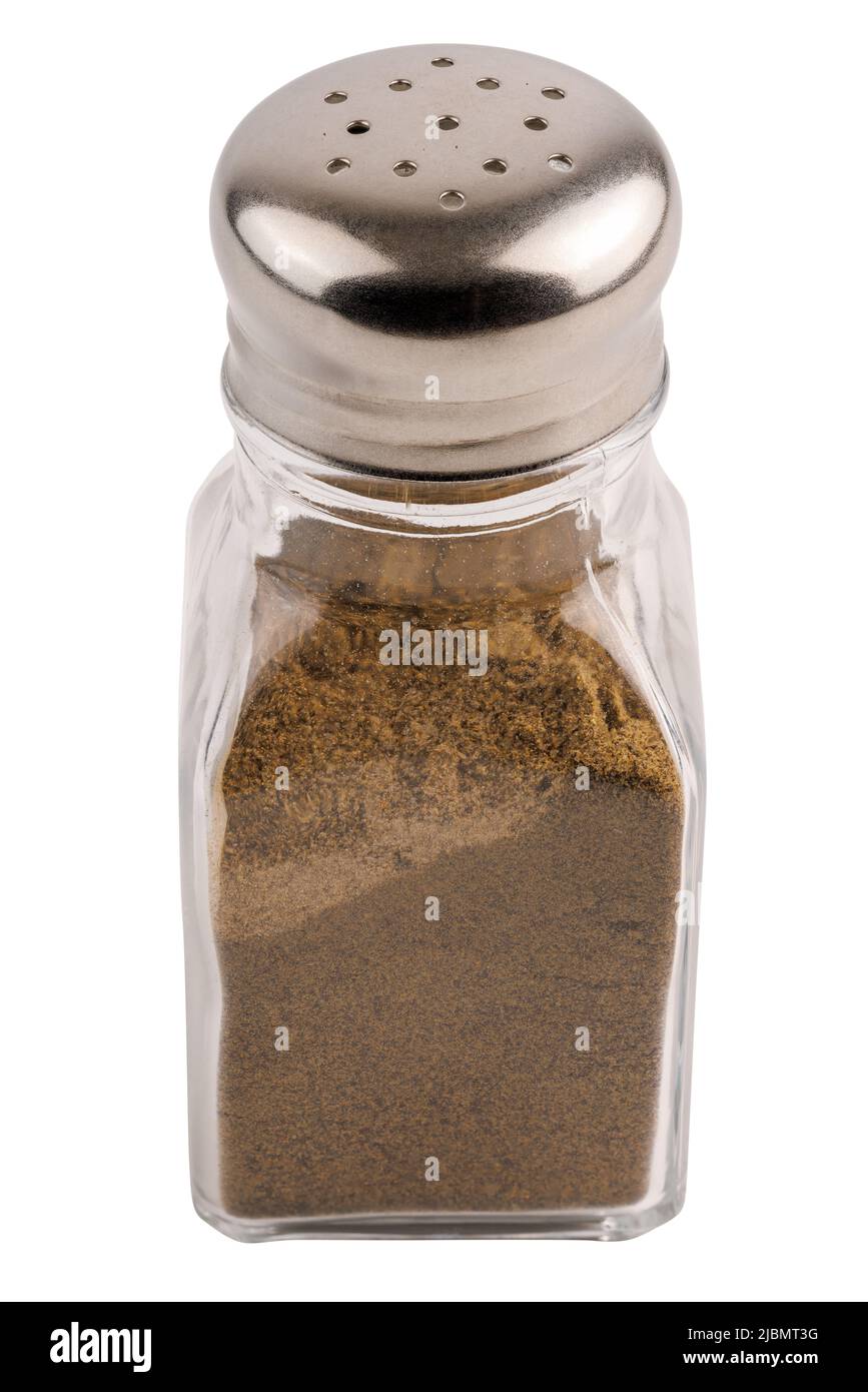 glass pepper pot with powdered black pepper inside isolated on white ...