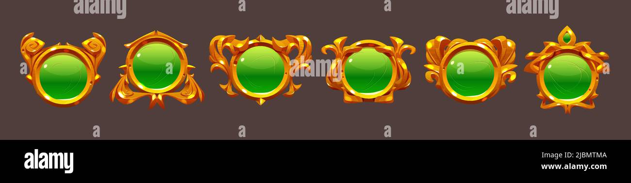 Green game buttons, achievement badges with golden frames. Vector ...