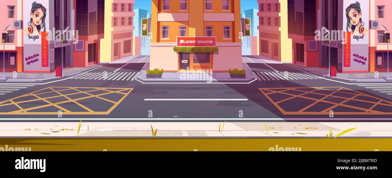 City street with houses, store or cafe showcase, road intersection with ...