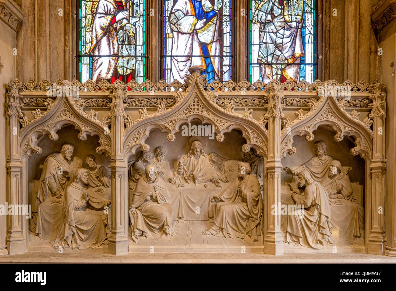 Stunning reredos stone sculpture of the Last Supper behind the altar at ...