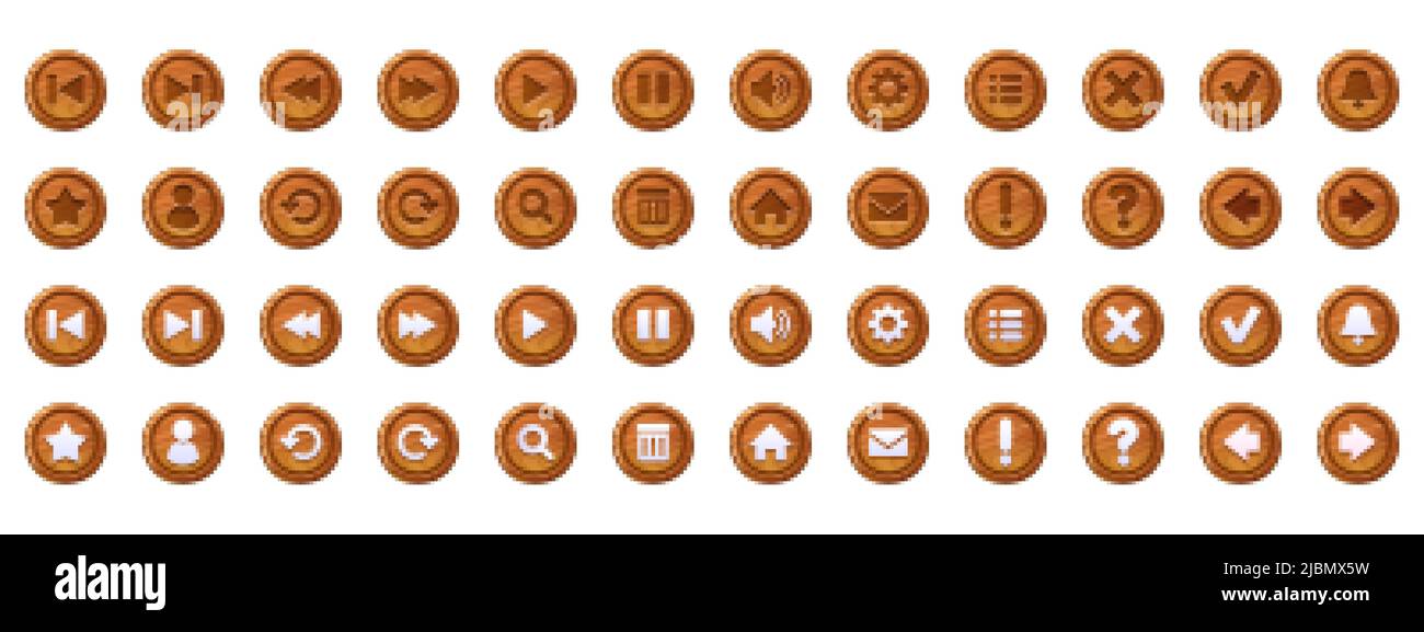 Circle buttons with wooden texture and icons for game menu interface or ...