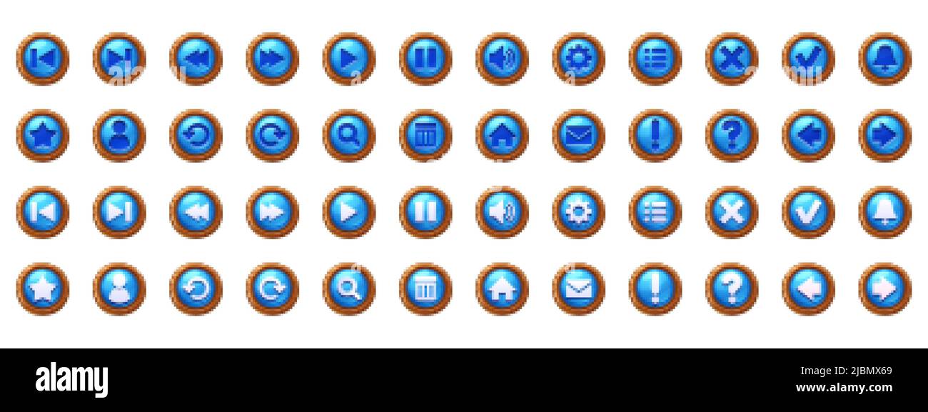 Circle blue buttons with wooden frame and web icons. Vector cartoon set ...