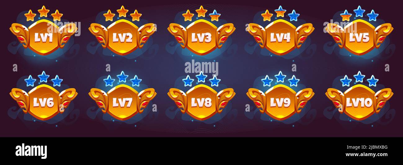 Game golden badges of level number with rating stars isolated on background. Vector cartoon ...