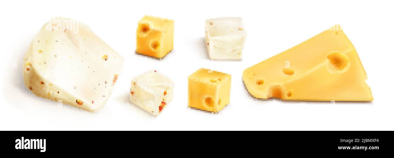 Fresh cheese blocks and triangle pieces isolated on white background ...