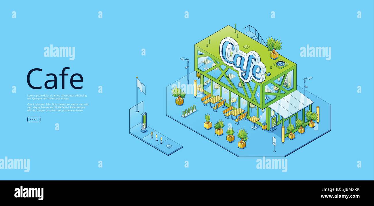 Banner with isometric cafe building, modern architecture isolated on ...