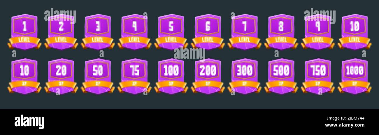 Purple badges with level number and xp points for game ui design. Vector cartoon icons of ...